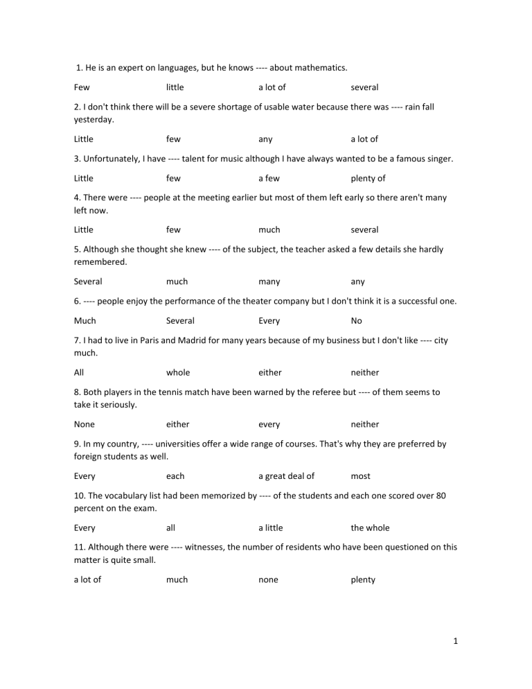 English Quantifiers Exercises: Little, Few, Much, Many, Some, Any