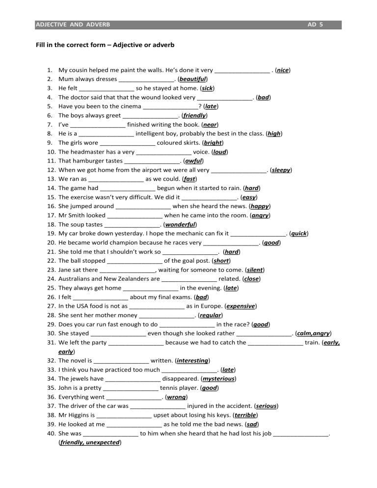 Adjective or Adverb Worksheet with Answers