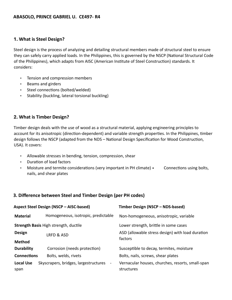 Steel & Timber Design: NSCP Standards & Examples (Philippines)