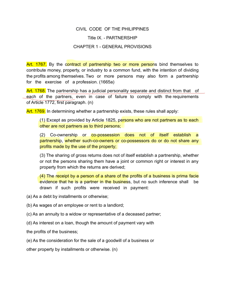 Philippine Civil Code: Partnership - General Provisions