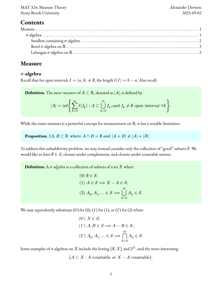 Measure Theory Lecture Notes - Stony Brook University