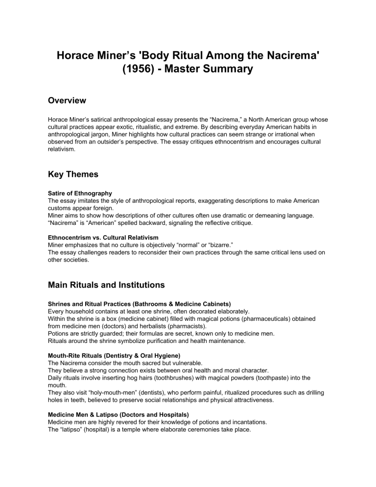 Horace Miner's Nacirema: Master Summary, Analysis & Key Themes