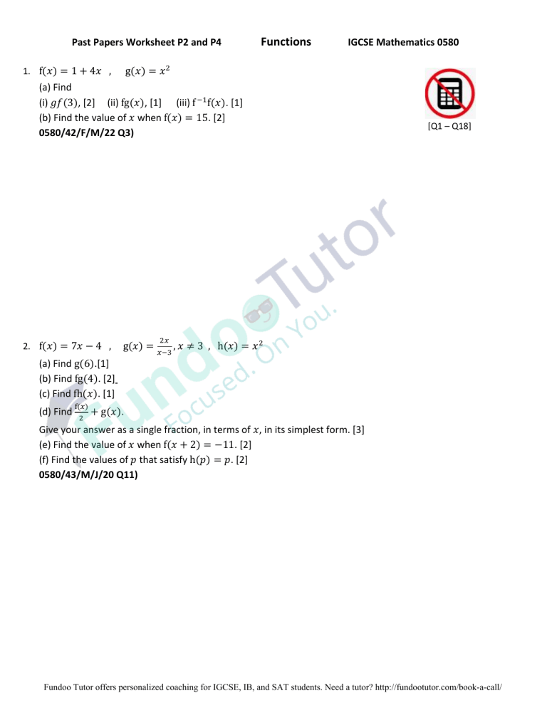 IGCSE Math Functions Worksheet: Practice Problems