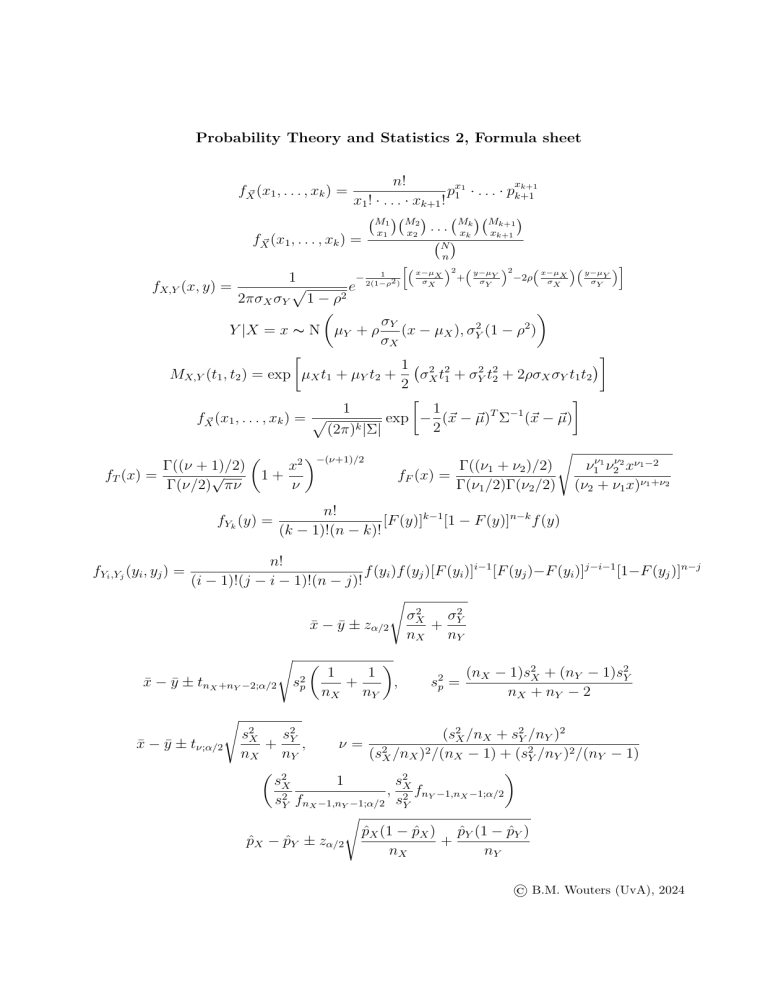 Probability Theory and Statistics 2 Formula Sheet | UvA 2024