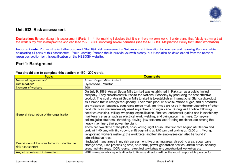 NEBOSH Unit IG2 Risk Assessment: Ansari Sugar Mills Safety Plan