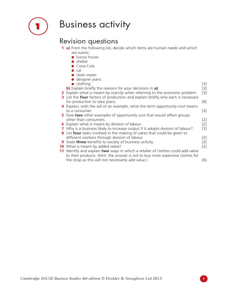 Business Studies Revision Questions: IGCSE