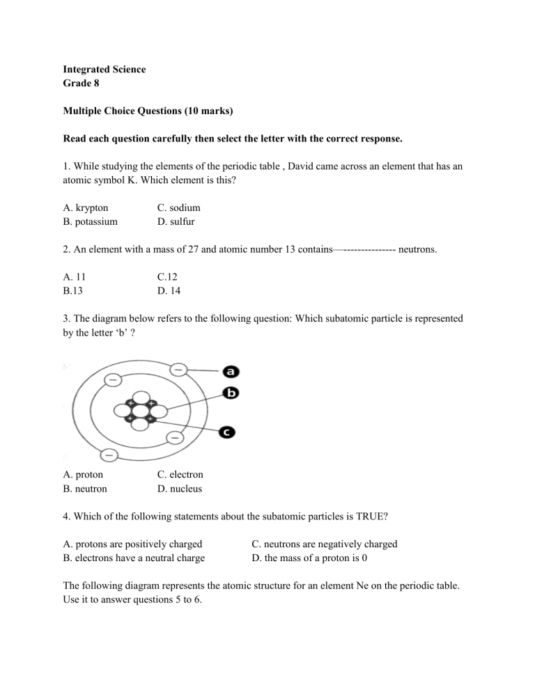 Integrated Science Grade 8: Atomic Structure & Periodic Table Assessment