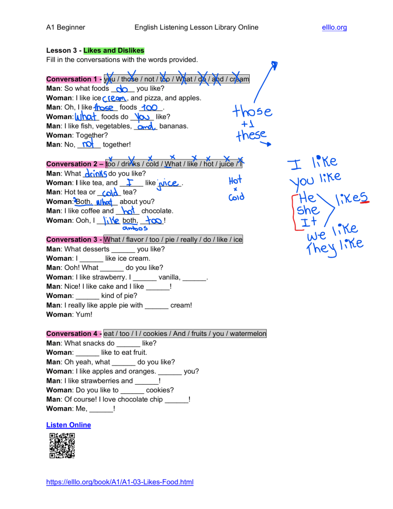 English Listening: Likes & Dislikes - A1 Beginner Worksheet