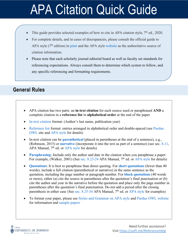 APA Citation Quick Guide (7th Ed.) - University of Toronto Mississauga