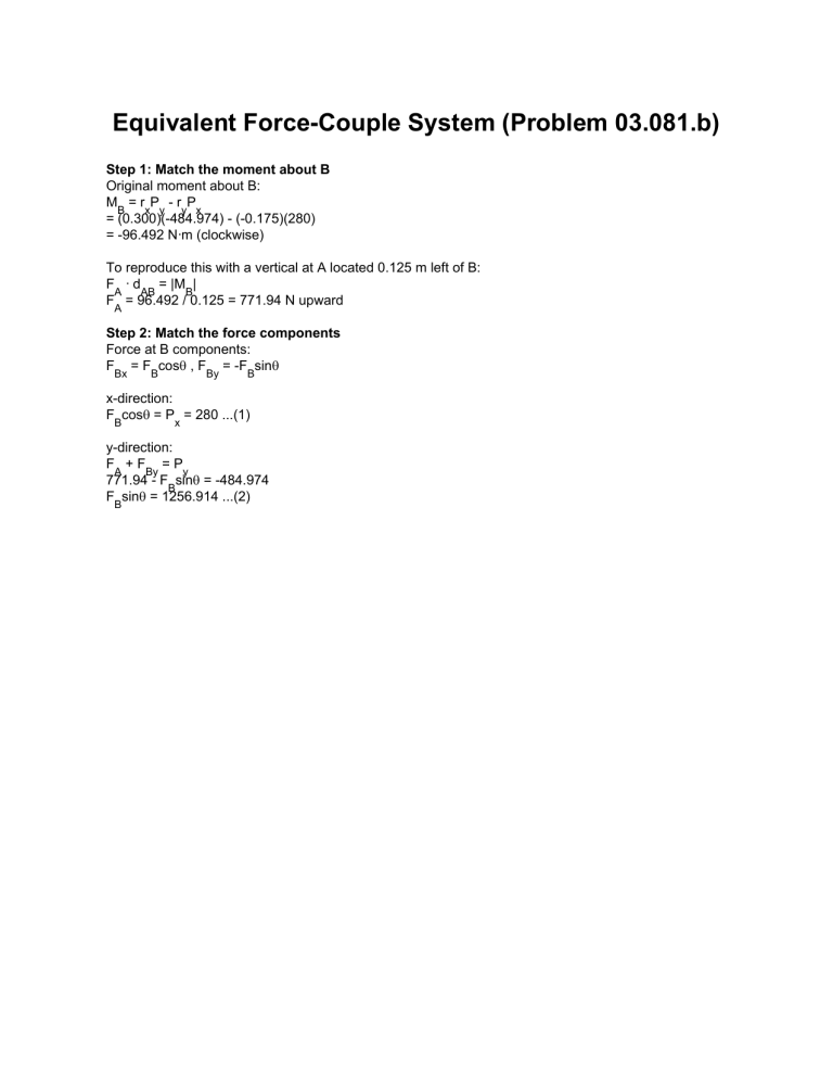 Equivalent Force-Couple System Problem Solution