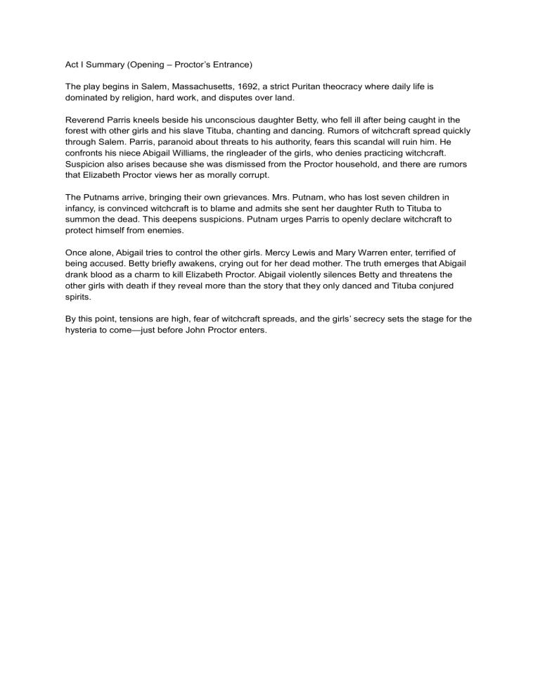 The Crucible Play Summary: Acts I, II, and IV