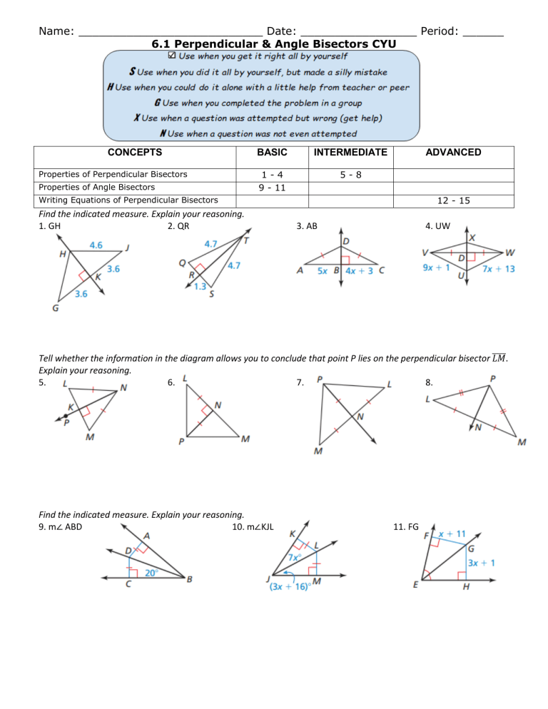 Perpendicular & Angle Bisectors Worksheet