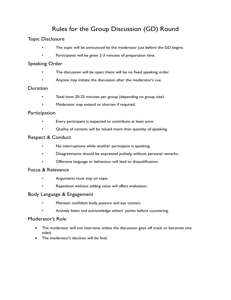 Group Discussion (GD) Rules & Evaluation Criteria