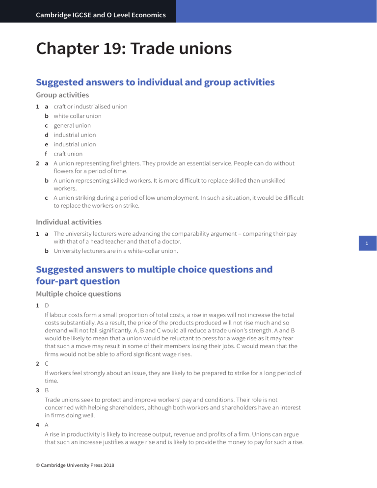 Cambridge IGCSE & O Level Economics: Trade Unions Answer Key