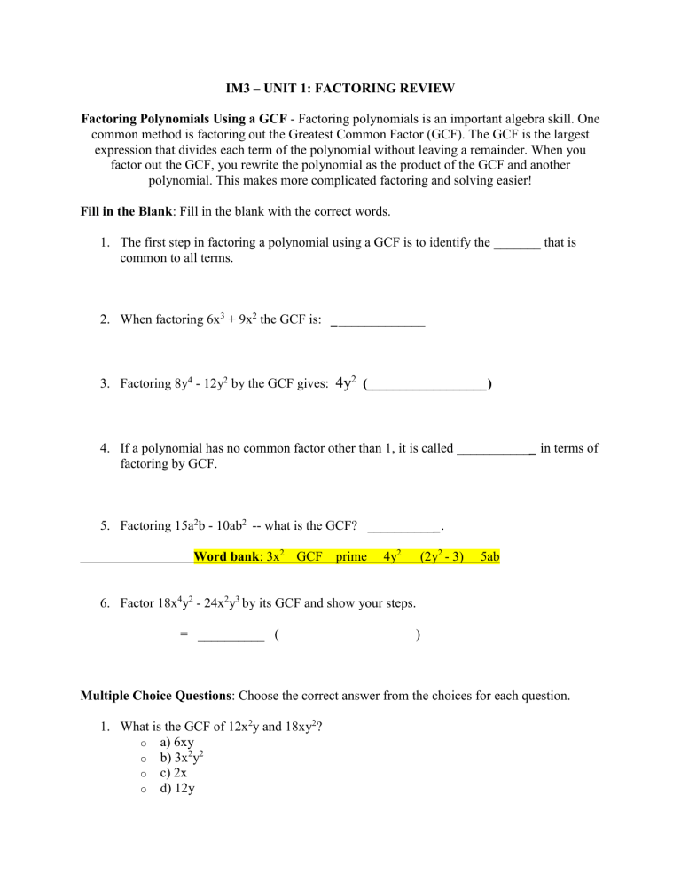 Factoring Polynomials GCF Review Worksheet