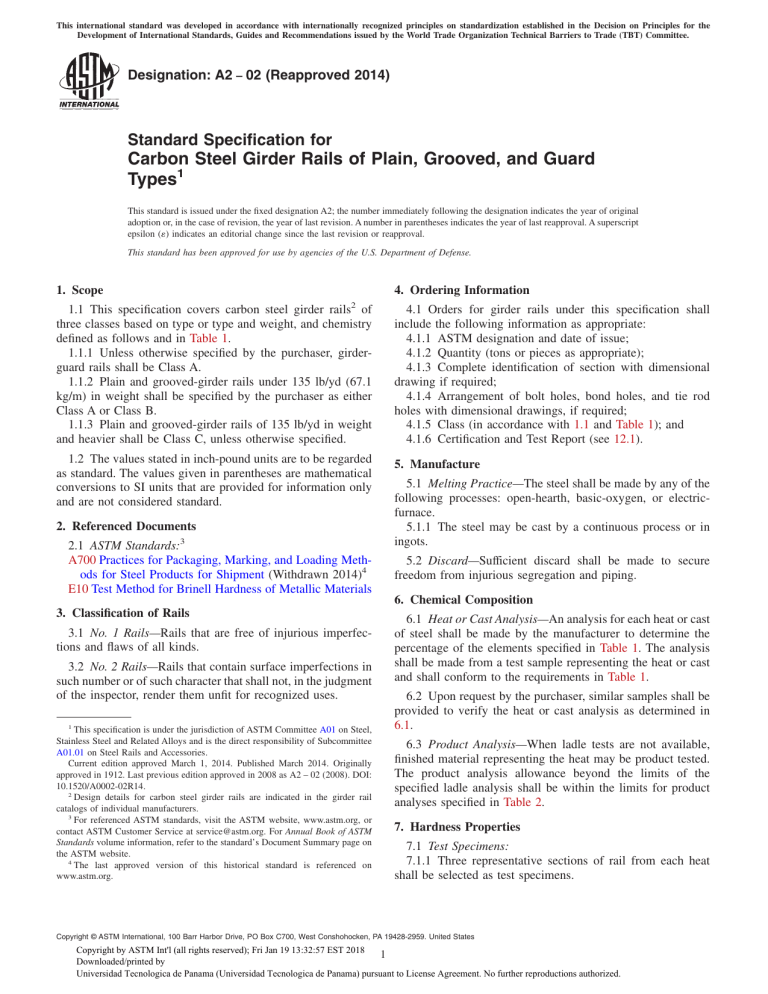 Carbon Steel Girder Rail Specification - ASTM A2