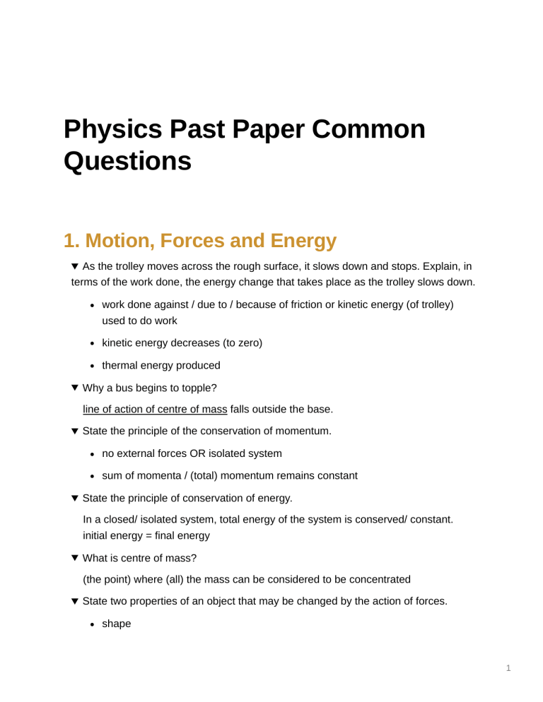 Physics Past Paper Questions: Motion, Energy, Thermal Physics