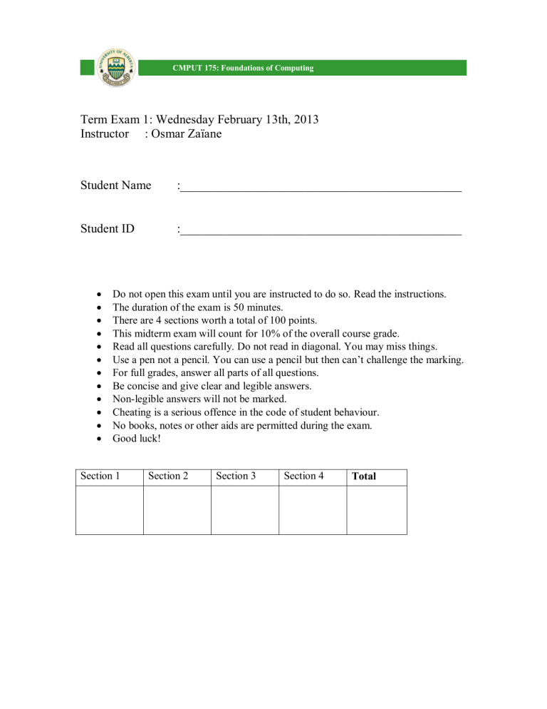 CMPUT 175 Foundations of Computing Term Exam 1 (2013)