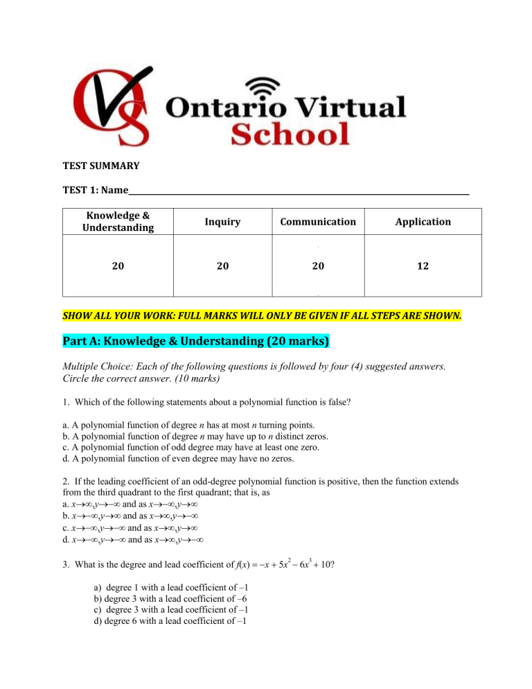 Polynomial & Rational Functions Test - High School Math