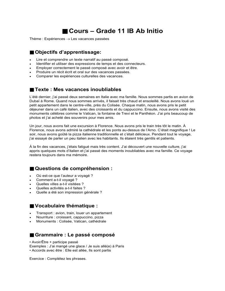 Français IB Ab Initio : Vacances passées - Cours de 1ère