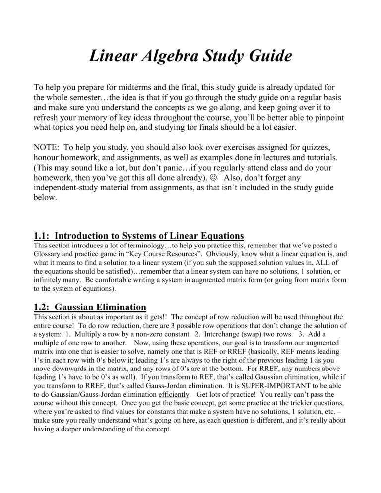 Linear Algebra Study Guide: Midterm & Final Exam Prep