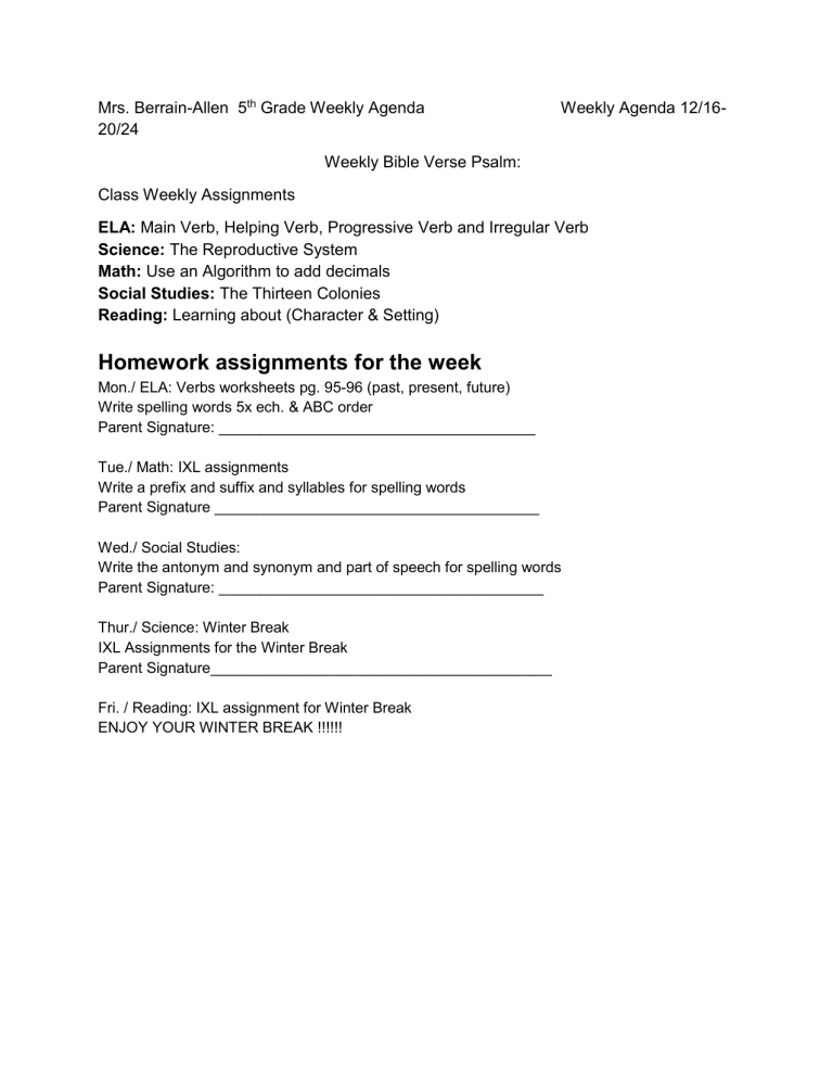 5th Grade Weekly Agenda: Dec 16-20/24