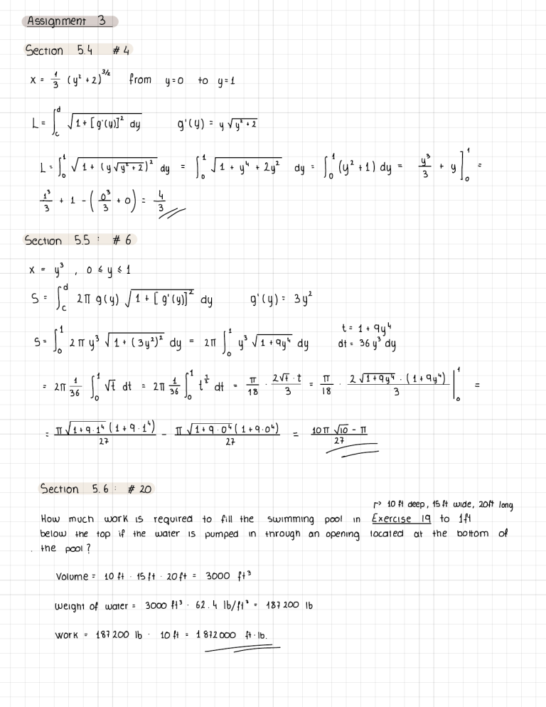 Calculus Assignment: Arc Length, Surface Area, Work Problems