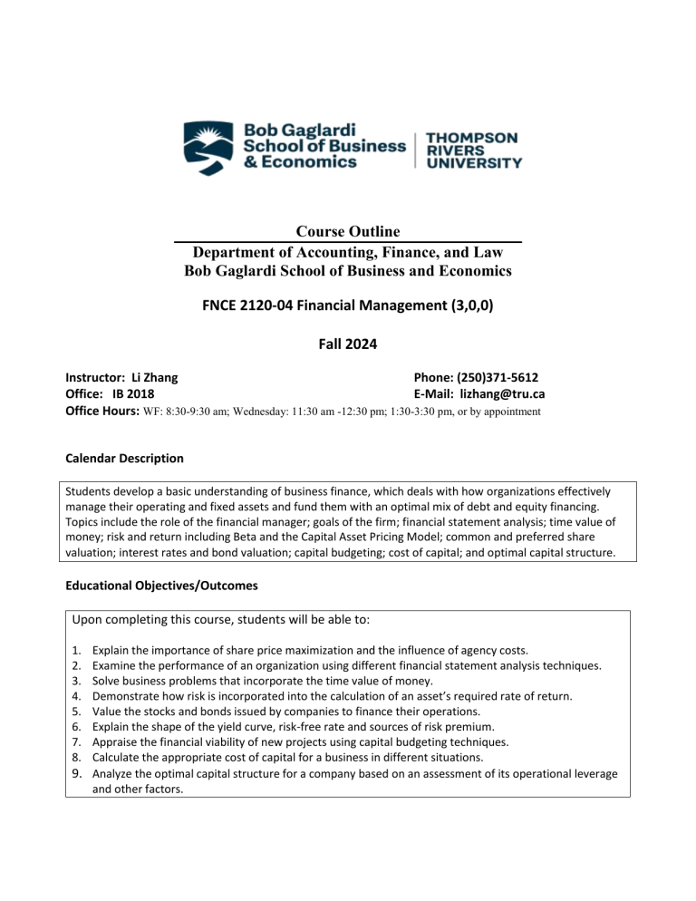 FNCE 2120-04 Financial Management Course Outline - Fall 2024