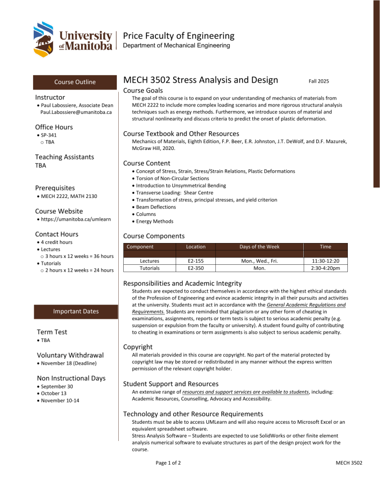 MECH 3502 Stress Analysis and Design Course Outline - UManitoba
