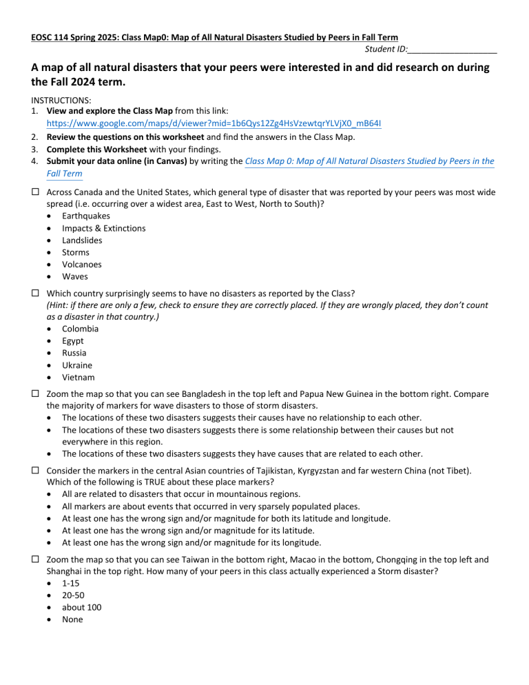 EOSC 114 Natural Disasters Class Map Worksheet - Spring 2025