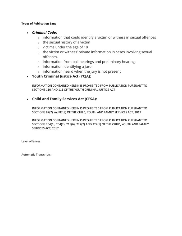 Types of Publication Bans: Criminal Code, YCJA, CFSA Legal Guide
