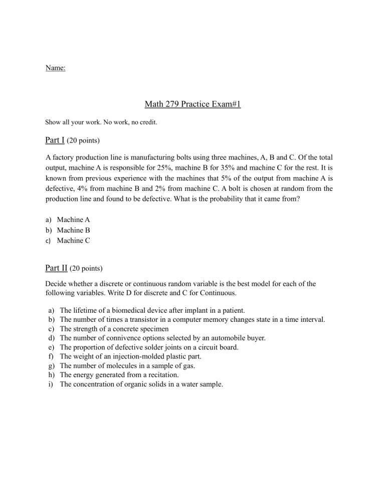 Math 279 Practice Exam #1: Probability & Statistics Questions