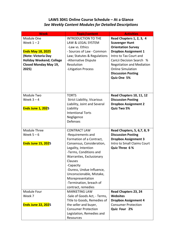 LAWS 3041 Online Course Schedule: Legal System, Torts, Contracts