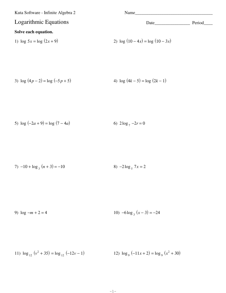 Logarithmic Equations Worksheet - Algebra 2