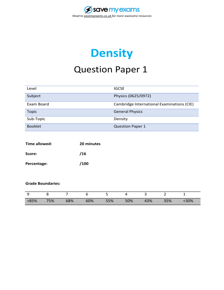 IGCSE Physics Density Question Paper 1 - Save My Exams