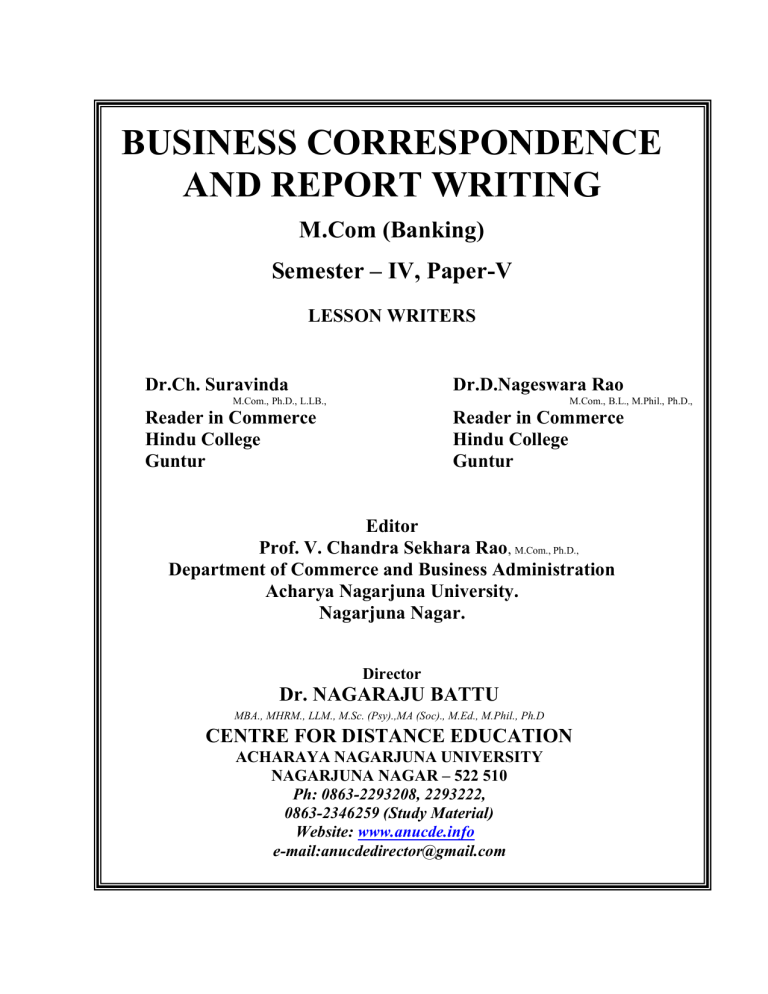 Business Correspondence & Report Writing M.Com (Banking) Study Material