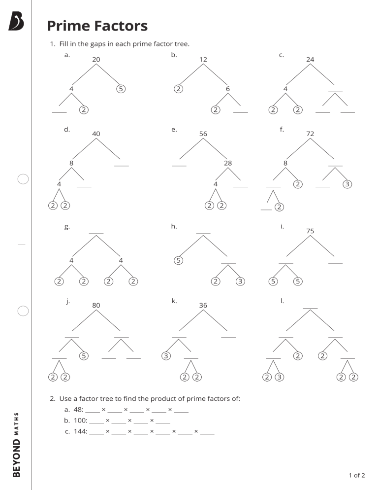 Prime Factors Worksheet: Factor Trees & Prime Factorization Practice