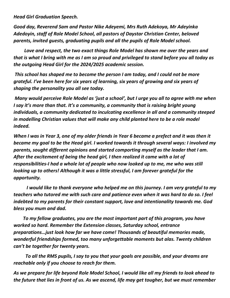 Head Girl Graduation Speech - Role Model School