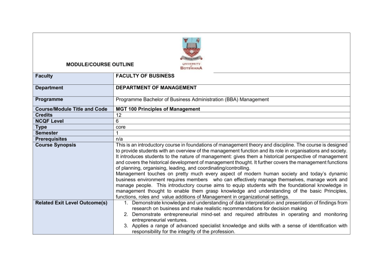 MGT 100 Principles of Management Course Outline