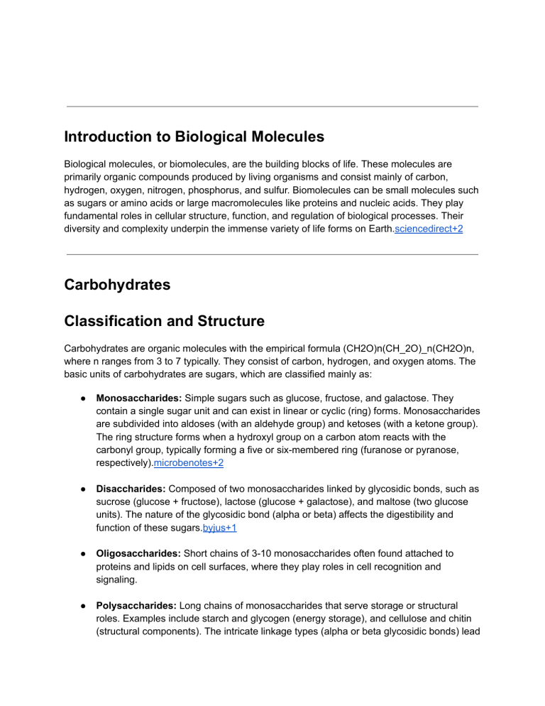 Biological Molecules: Carbohydrates, Lipids, Proteins & Structure