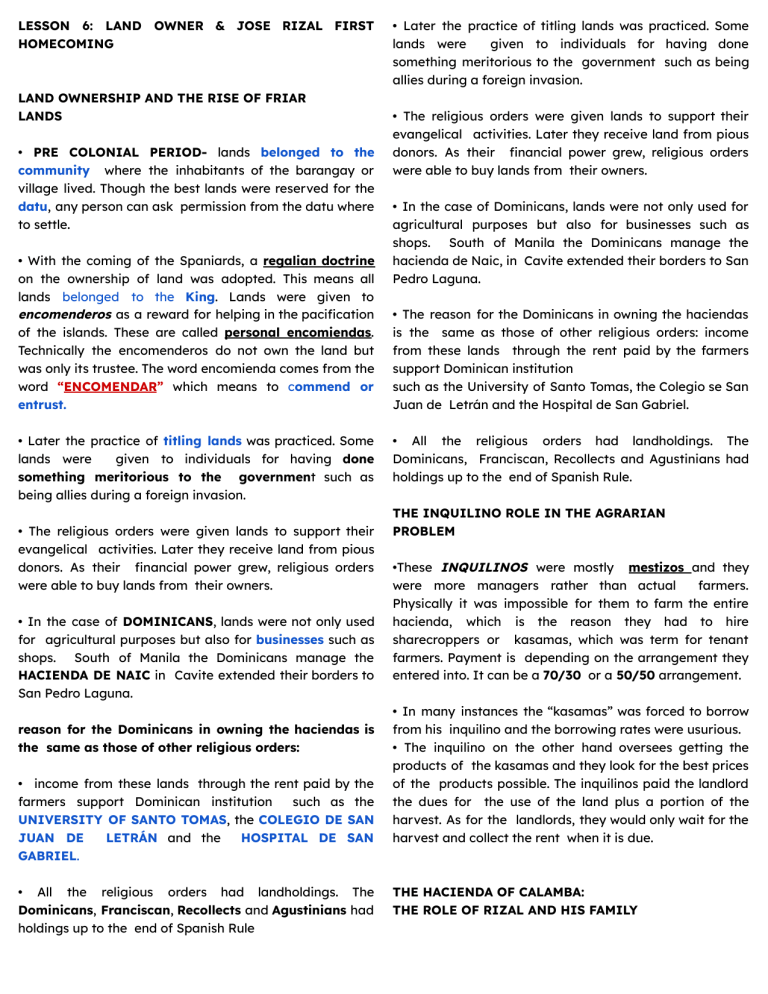 Jose Rizal, Friar Lands & Land Ownership in Colonial Philippines