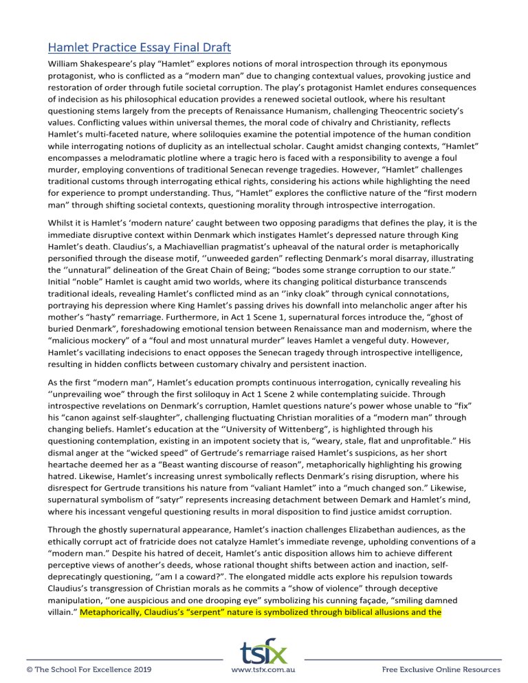 Hamlet Essay: Morality, Modernity, and Introspection