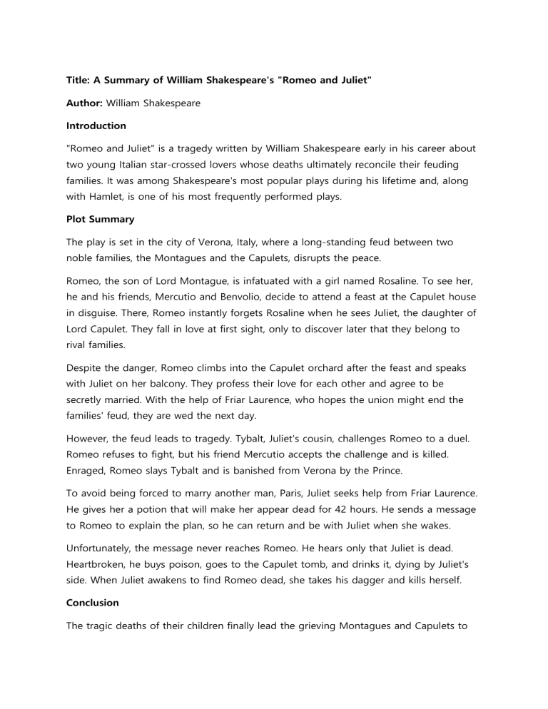 Romeo and Juliet Summary: William Shakespeare's Tragic Play