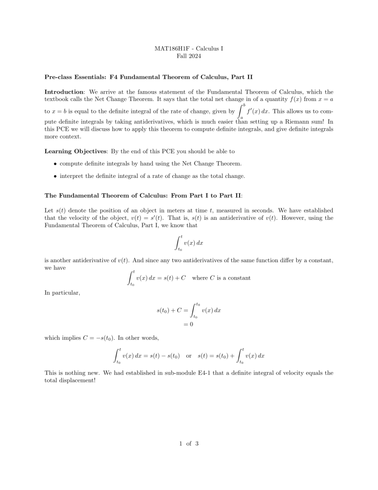 Calculus I: Fundamental Theorem of Calculus Part II (Net Change Theorem)