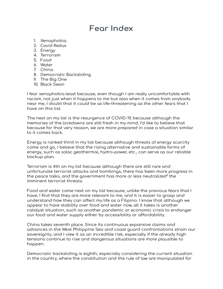 Fear Index: Ranking Personal Fears & Global Concerns