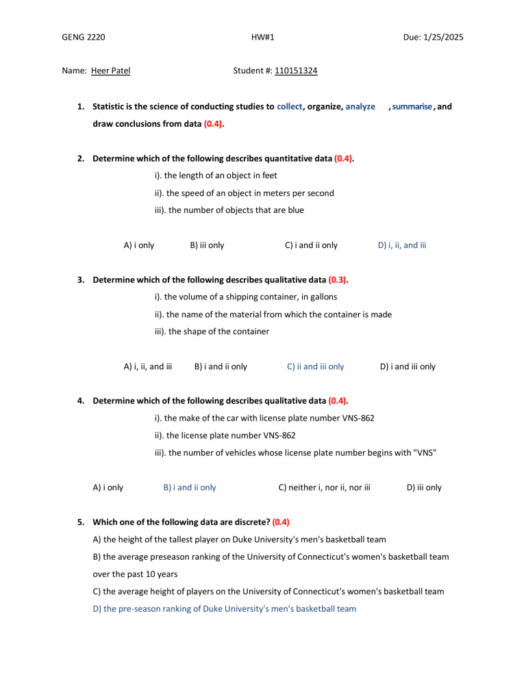 Statistics Homework: Data Types & Measurement Levels