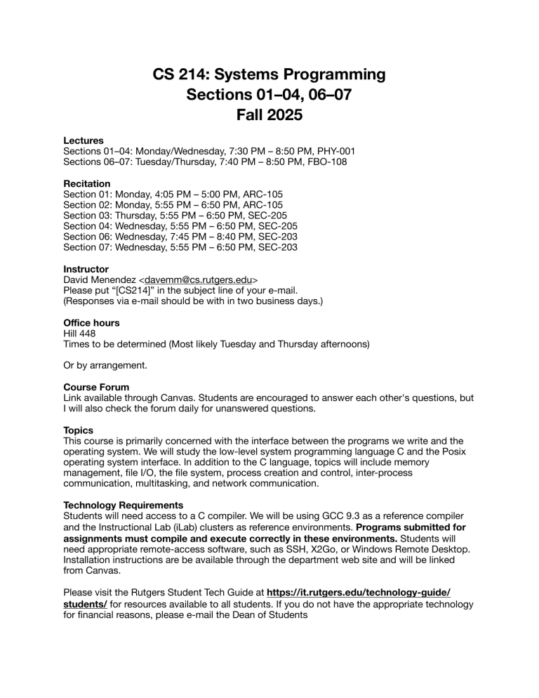 CS 214 Systems Programming Syllabus - Rutgers University Fall 2025