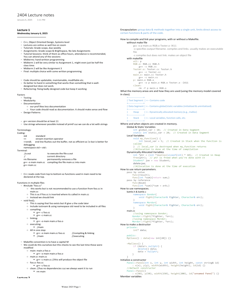 C++ Object-Oriented Design Lecture Notes: Encapsulation, Memory, Makefiles