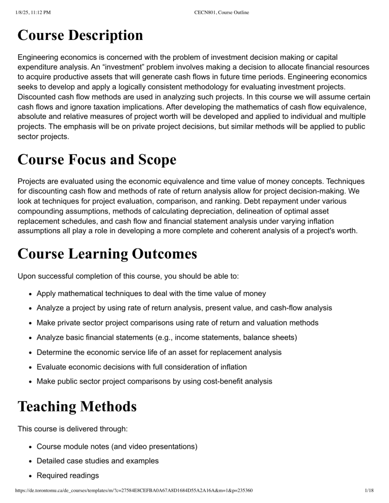 CECN801 Engineering Economics Course Outline - TorontoMetU 2025