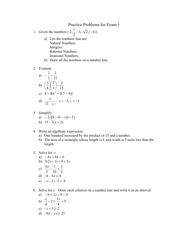 Exam 1 Practice Problems: Algebra & Functions